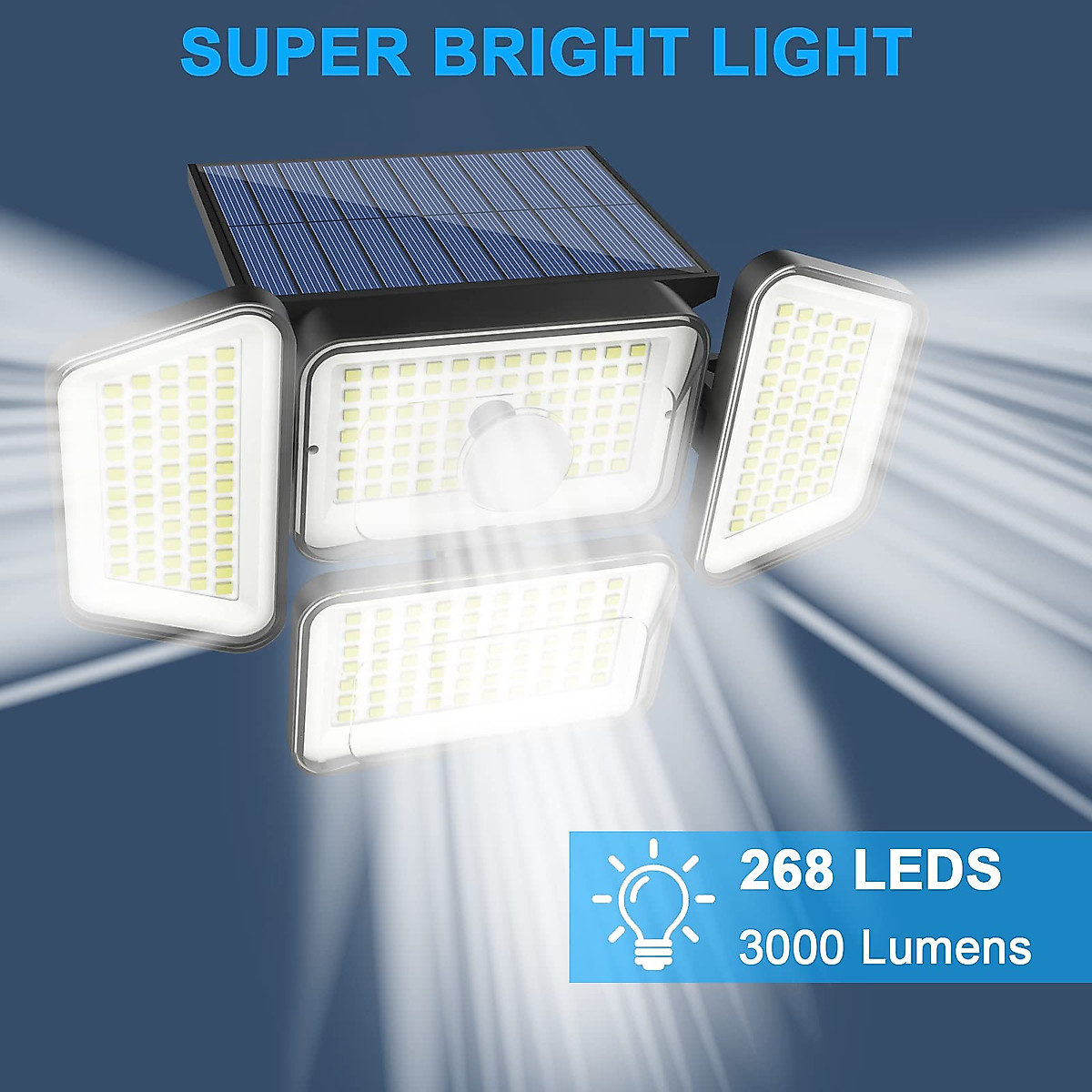 2 Pack Solar Outdoor Lights,4 Heads 268 LED 3000LM Solar Motion Sensor Lights, IP65 Waterproof Wireless Solar Security Lights, LED Flood Lights for Garage Yard Pathway