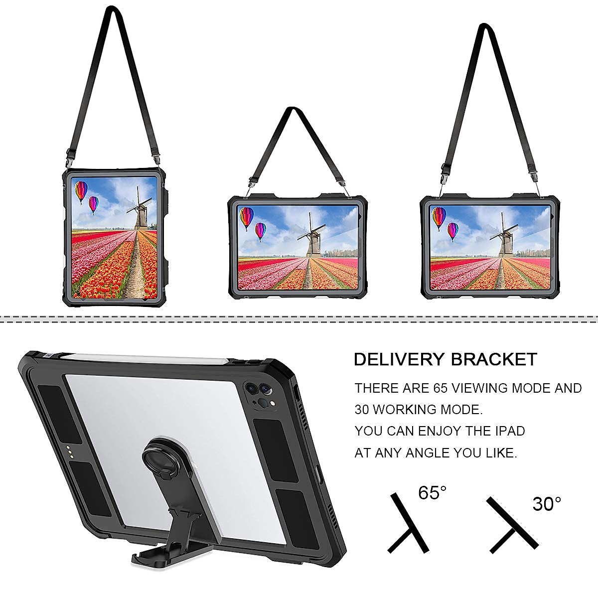 Transy for iPad Pro 11 Case - Black Waterproof Case for iPad Pro 11 Inch 2020 2021 2022 New Clear Full Body Protection Bumper Case Shockproof Dustproof with Ring Stand Strap Built in Pen Holder