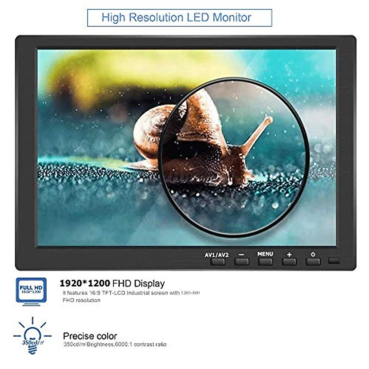 Security Monitors 10" LED Monitors HDMI/BNC/AV/VGA/USB Input 1920x1200 IPS Resolution Touch Buttons Video and Audio Displays CCTV Screen
