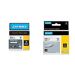 DYMO Industrial Flexible Nylon Labels, 3/4", Black on White, 18489, DYMO Authentic & Industrial Heat Shrink Tubes for DYMO LabelWriter and Industrial Label Makers, Black on White, 1/4", (18051)