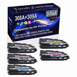 5-Pack (2BK+C+Y+M) Compatible 3700DTN 3500DN 3500DTN 3550N 3700DN Laser Toner Cartridge (High Capacity) Replacement for HP 308A 309A (Q2670A Q2671A Q2672A Q2673A) Printer Toner Cartridge