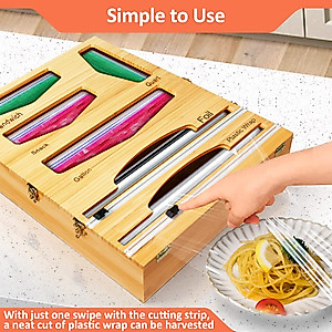 Ziplock Bag Organizer,Upgraded 6 in 1 Foil and Plastic Wrap Organizer,Bamboo Storage Organizer for Gallon,Quart,Sandwich & Snack Bag,Foil Dispenser With Cutter Fit 12" Plastic Wrap,Aluminum Foil