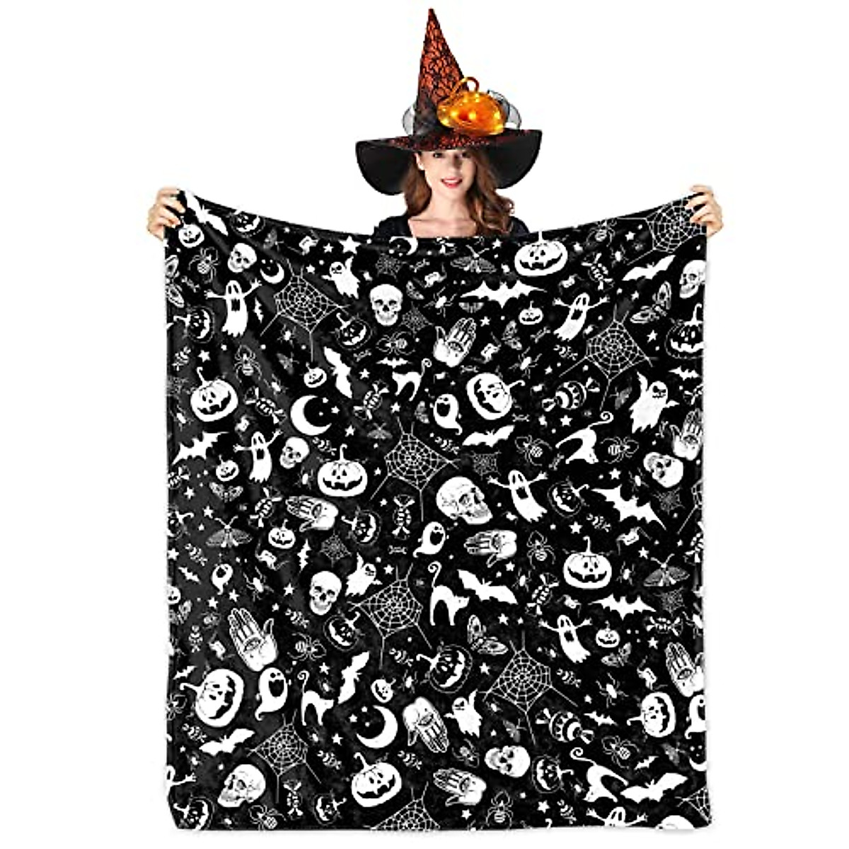 Black Halloween Blanket Witchy Blanket Hallloween Throw Blanket Pumpkin Skull bat Ghost Blanket Hallloween Gifts Soft Fuzzy Fleece Blanket for Sofa Bed Couch Chair Dorm 60"X50"