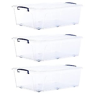 Superio Under Bed Storage Containers with Wheels (3 Pack), Flat Clear Storage Bin Stackable Large Storage Latch Box with Lids Store Cloths, Bedding, Linen, For Under The Bed, Garage, Home