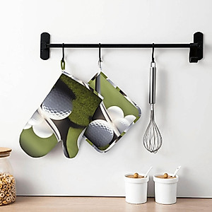 Golf Printed Oven Mitts and Pot Holders Sets Heat Resistant Kitchen Oven Gloves Potholders Set Extra Long Non-Slip Silicone Gloves for Cooking Baking BBQ