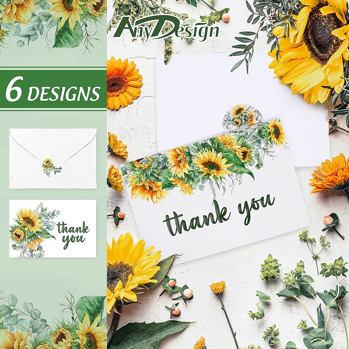 AnyDesign 36Pack Sunflower Eucalyptus Thank You Cards Bulk Watercolor Floral Greeting Cards with Envelopes Matching Seal Stickers Flower Note Cards for Wedding Birthday Baby Shower Bridal Party