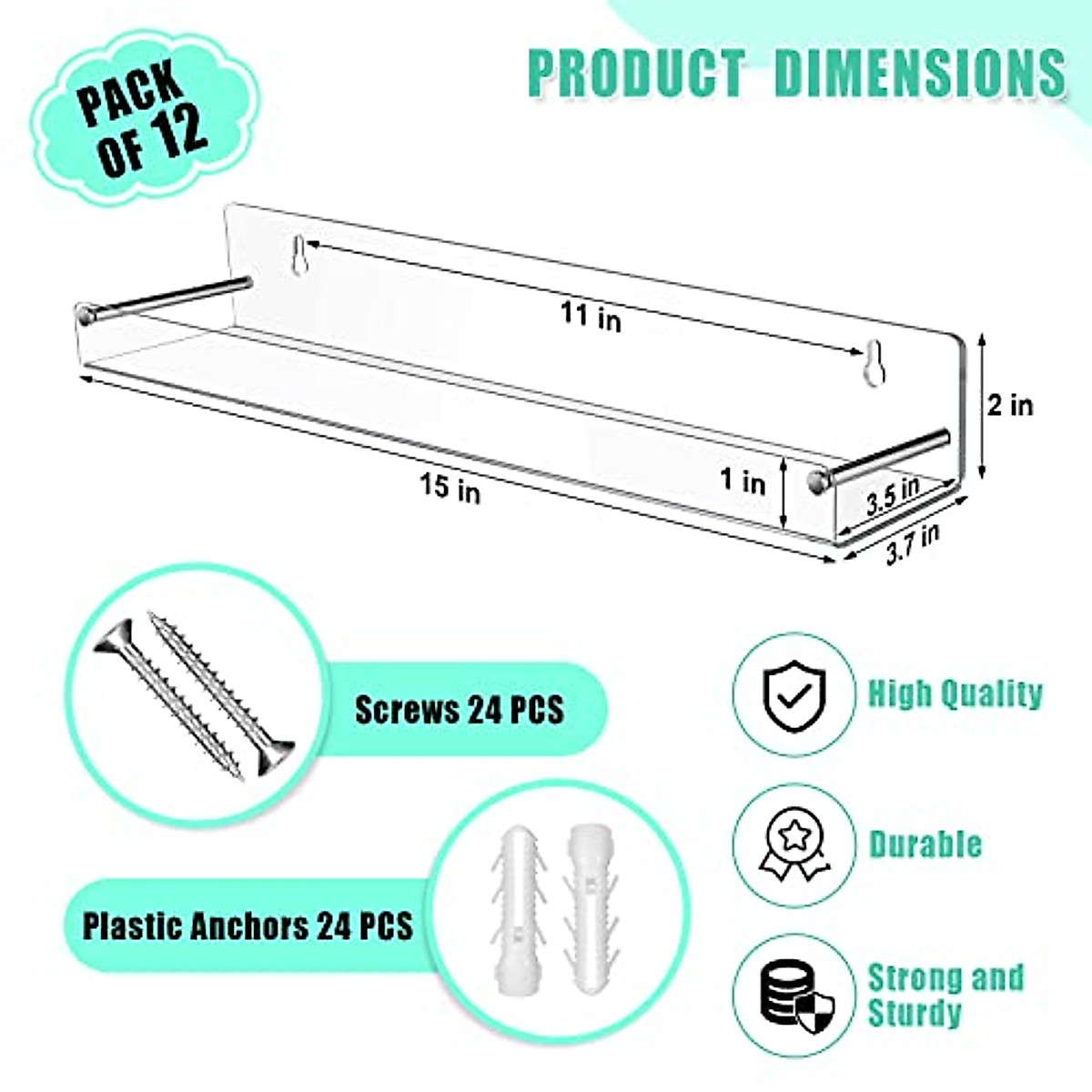 12 Pieces Clear Acrylic Shelf 15 Inch Acrylic Floating Shelves Invisible Ledge Wall Bookshelf for Kids Wall Mounted 3 mm Thick Bathroom Shelves for Office Bedroom Bathroom Kitchen