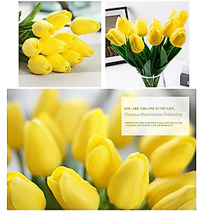 BOMJJOR 20 Heads Tulips Artificial Flowers Real Touch Tulips Silk Artificial Tulips Flower Bouquet for Room Centerpiece Party Wedding Office Garden Home Decor 13.4" Authentic PU Tulips (Yellow)