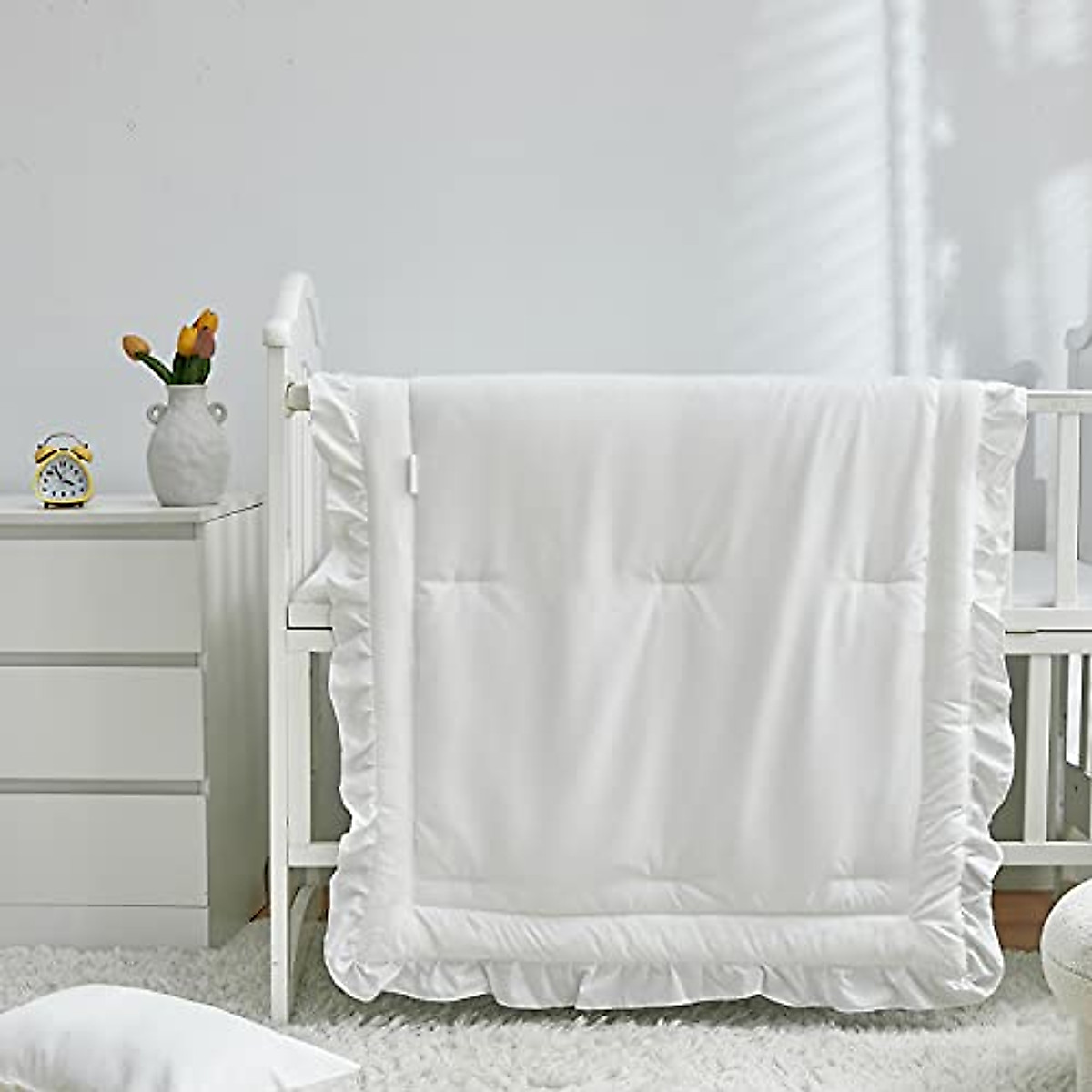 3 Pieces Crib Bedding Set Baby Ruffle Quilted Comforter with Fitted Sheet and Pillow - Cute Ruffled Shabby Chic Bedding Soft Blanket Design White