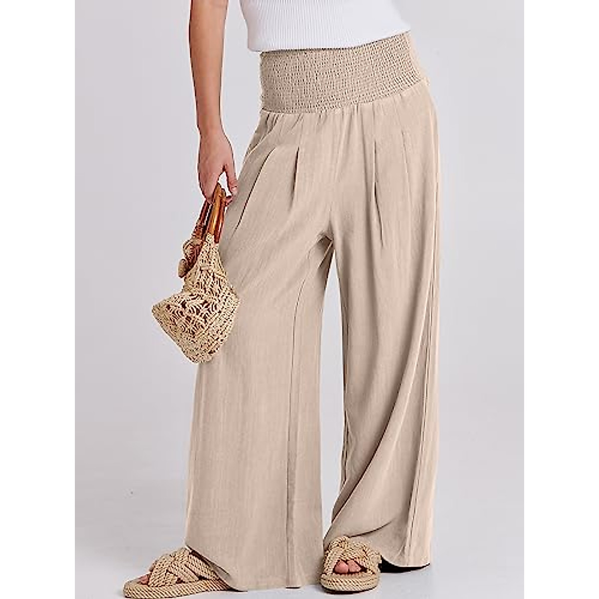 ANRABESS Women Linen Palazzo Pants Summer Boho Wide Leg High Waist Casual Lounge Pant Trousers with Pocket 1091mixing-S