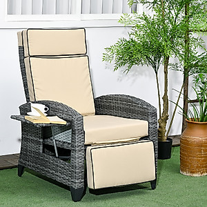 Outsunny Outdoor Recliner Chair with Cushions, PE Wicker Reclining Patio Lounge Chair with Adjustable Footrest, Armrests, Side Tray Table for Balcony, Porch, Khaki