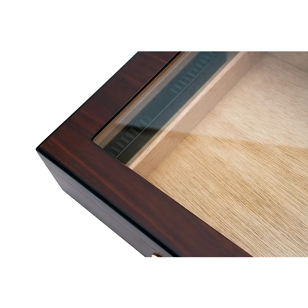 Handmade Humidor up to 25 Corona-Size Cigars, Glass Top Cigar Humidor Box, 100% Spanish Cedar Wood, Luxury Desktop Humidor with Hygrometer and Humidifier, High Gloss Walnut Finish.