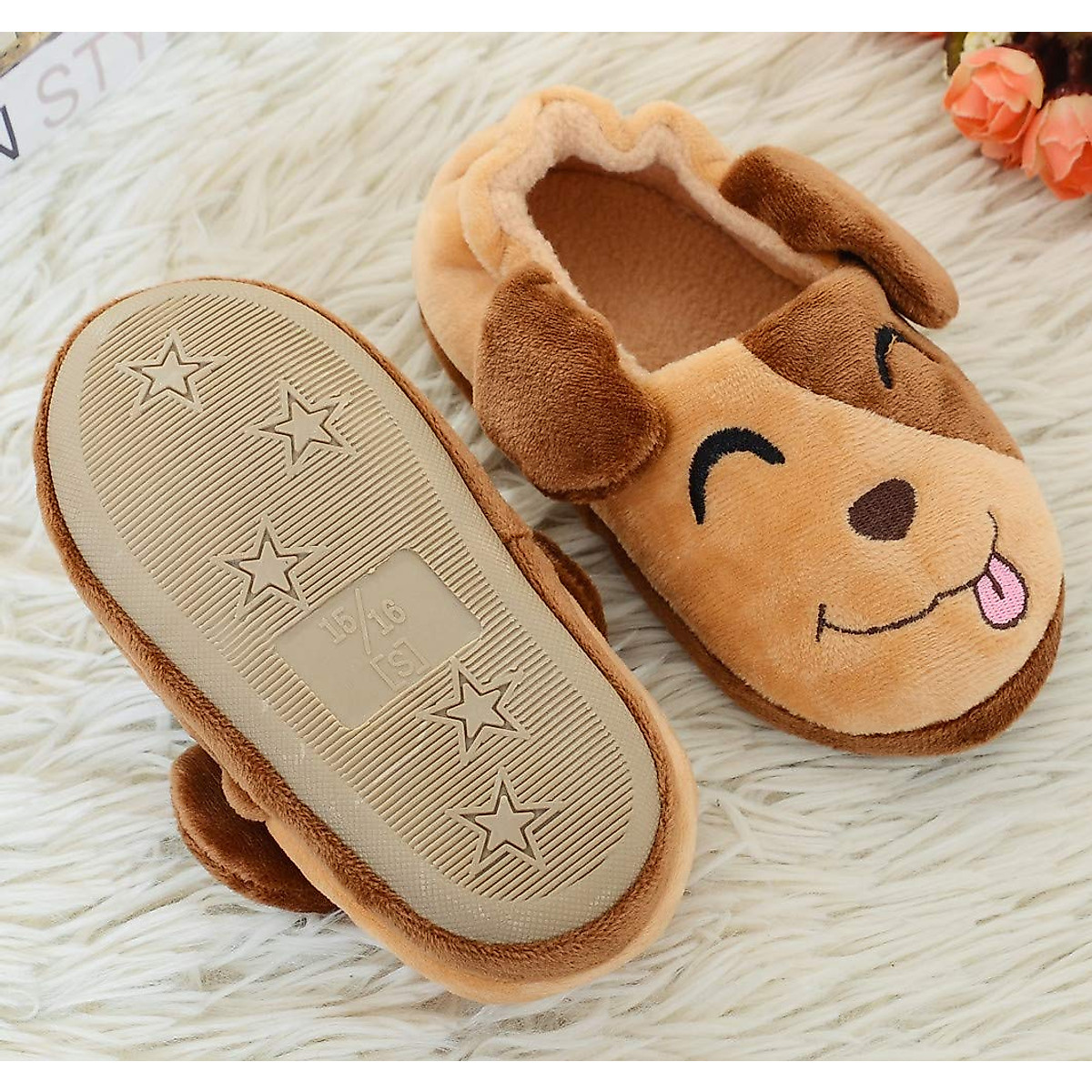 DADAWEN Toddler Boys Girls Soft Plush Slippers Cartoon Cute Animal Warm House Shoes Brown/Dog US Size 9-10 Toddler