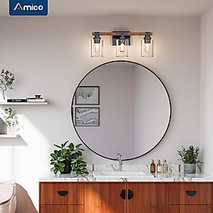 Amico 3-Light Farmhouse Vanity Light Fixture, Rustic Wood Bathroom Light Fixtures, Industrial Vintage Black Wall Sconces Light with Bubble Glass Shade for Mirror, Bedroom, Living Room, Hallway