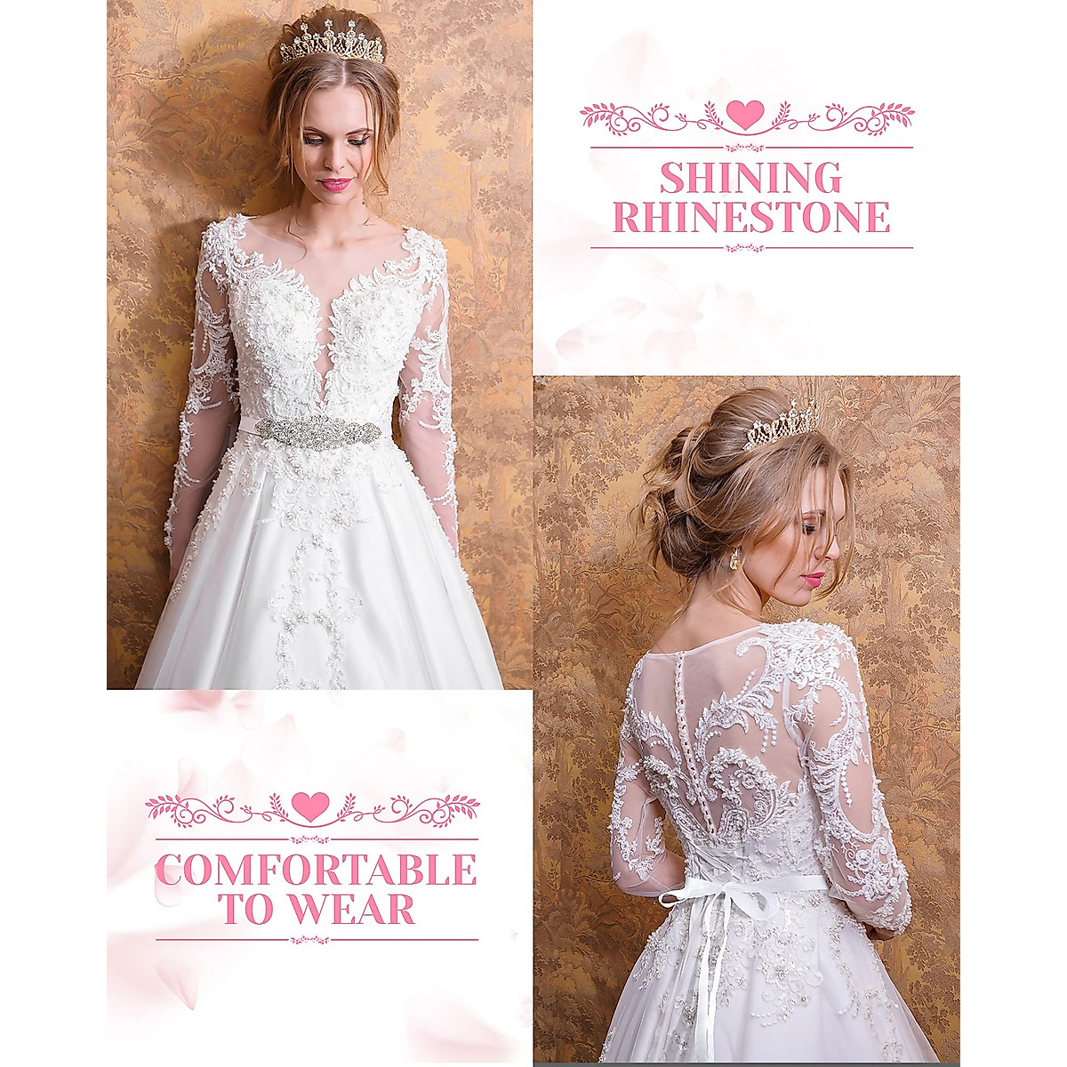 2 Pieces Rhinestone Bridal Wedding Dress Sash Belt Crystal Diamond Ribbon Wedding Belts for Bridesmaid Wedding Dress (White)