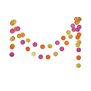 MOWO Hot Pink Orange and Gold Paper Garland Circle Dots Hanging Decoration for Birthday Graduation Wedding Bachelor Bachelorette Party, 2.5'' in Diameter, 10-feet, 2 Strands