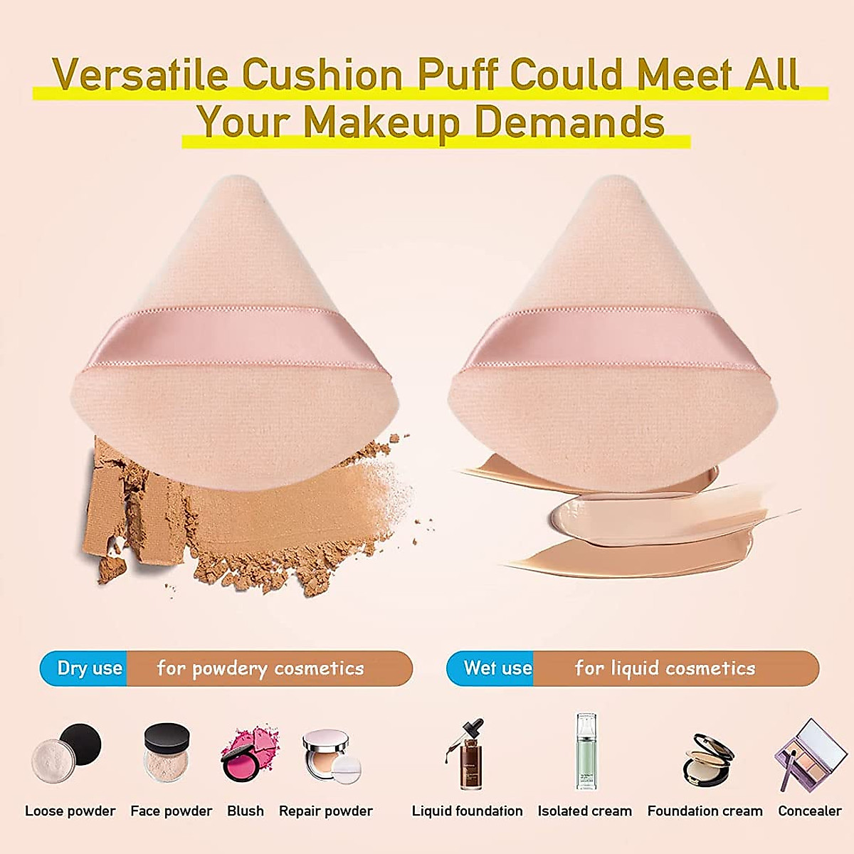 6 Pieces Powder Puff Face Makeup Puffs,Triangle Wedge Shape Soft Velour Powders Puffs for Loose Mineral Powder Body Powder Cosmetic Foundation Wet Dry Beauty Makeup Tool(Nude)