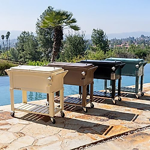 Permasteel 80-Qt Antique Patio Cooler for Outside | Outdoor Beverage Cooler Bar Cart, Rolling Cooler with Wheels and Handles, Wooden Teak Accent, Teal Blue-Green