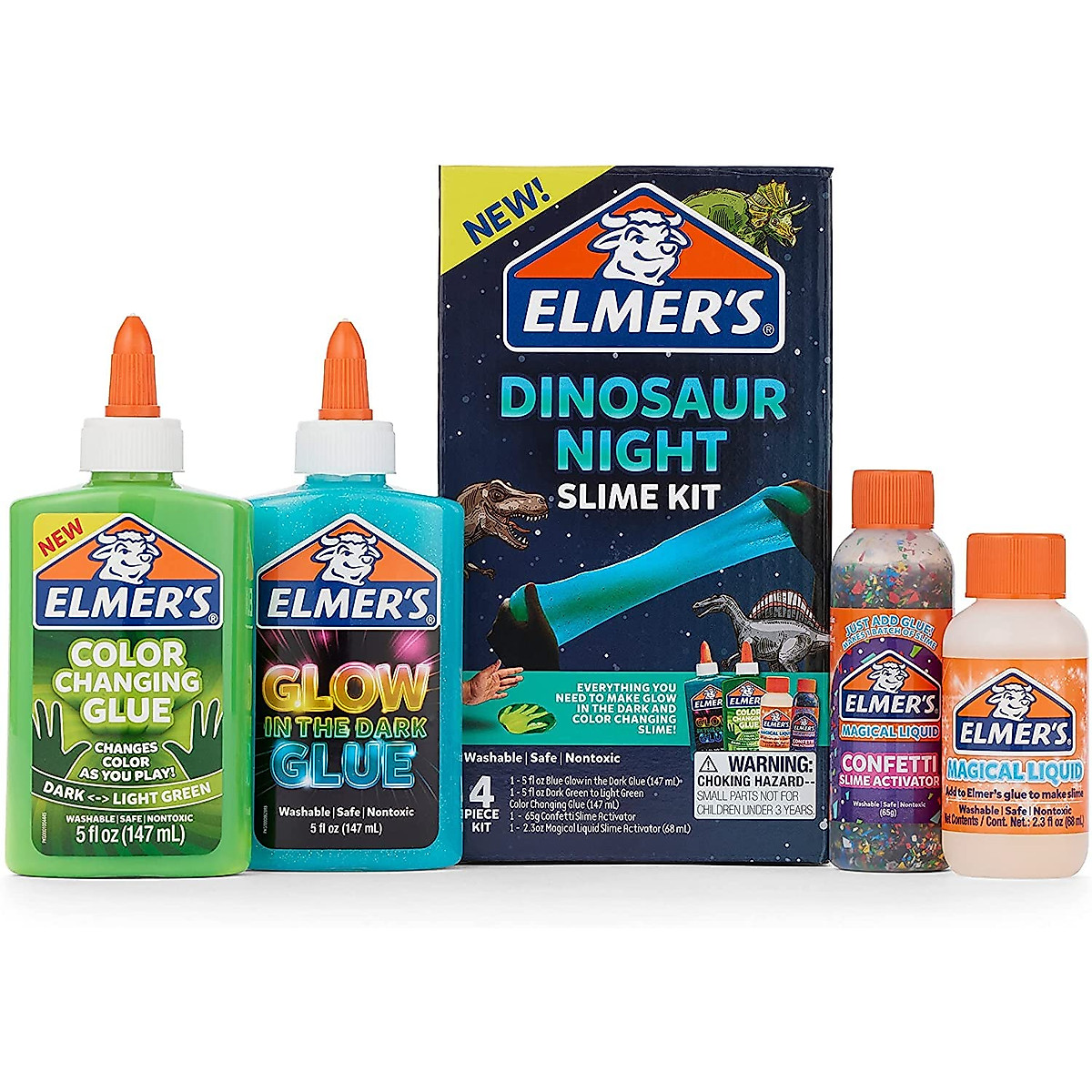 Elmer’s Glue Slime Kit, Dinosaur Night, Makes Color Changing and Glow in the Dark Slime, Includes Liquid Glue and Slime Activator, 4 Count