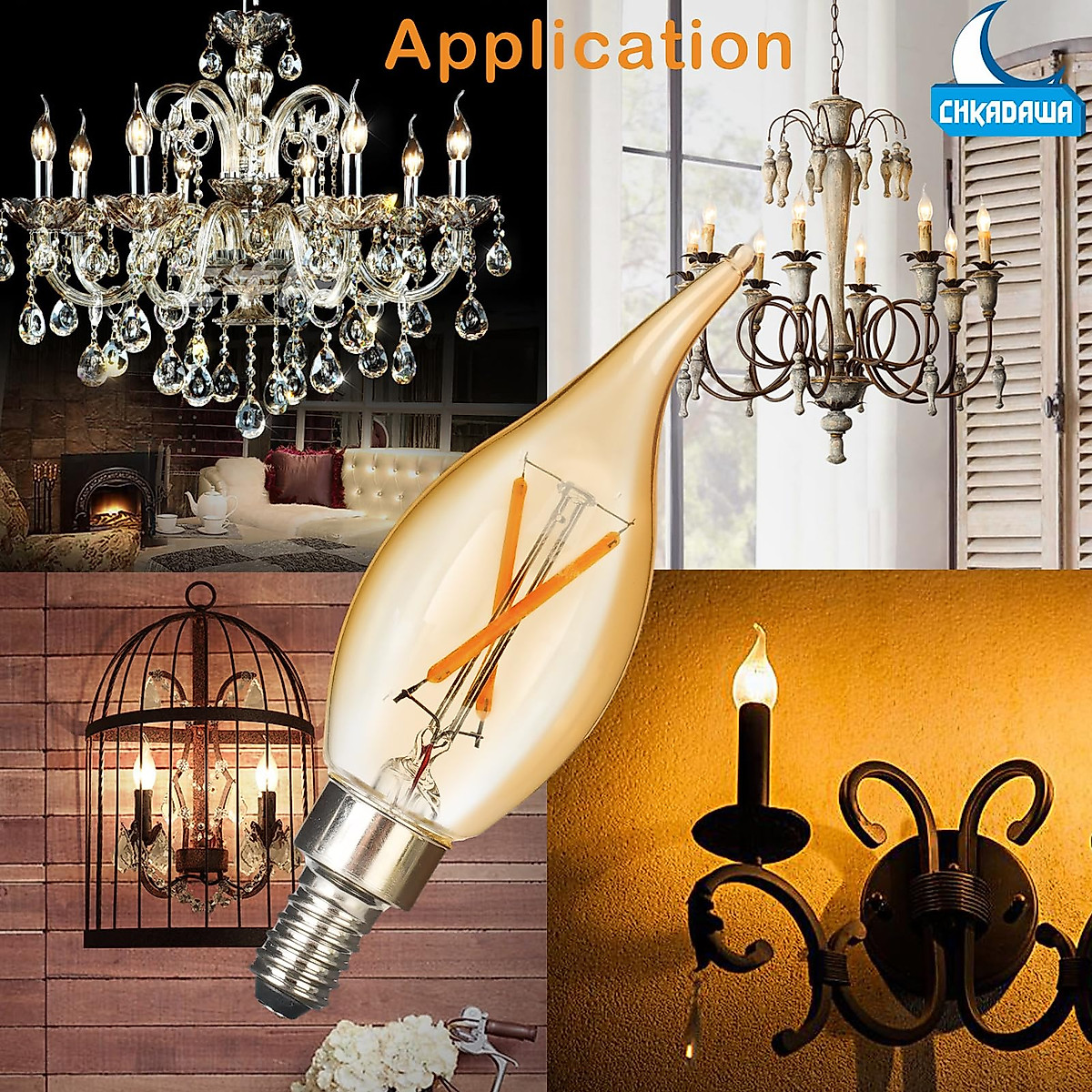 CHKADAWA 12 Pack E12 Dimmable Amber Candelabra Light Bulbs, Flame Tip 40 Watts Equivalent, Chandelier Light Bulbs CA11, Vintage Candle LED Bulb, Warm White 2200K, CRI 90+