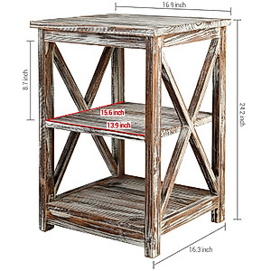 MyGift 24 Inch Tall End Table, Rustic Torched Solid Wood Living Room Accent Side Table with 3 Tier Display Shelf, Wooden X Design Bedroom Nightstand Square Storage Shelves