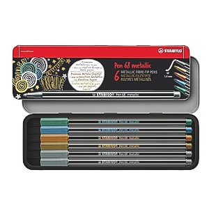 STABILO Metallic Premium Felt Tip Pen Pen 68 Metallic - Tin of 6 - Assorted Colours