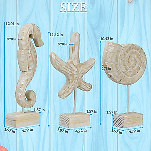 Exttlliy 3pcs Wood Handmade Beach Nautical Style Figurines Starfish/Conch/Seahorse Statue Home Decor