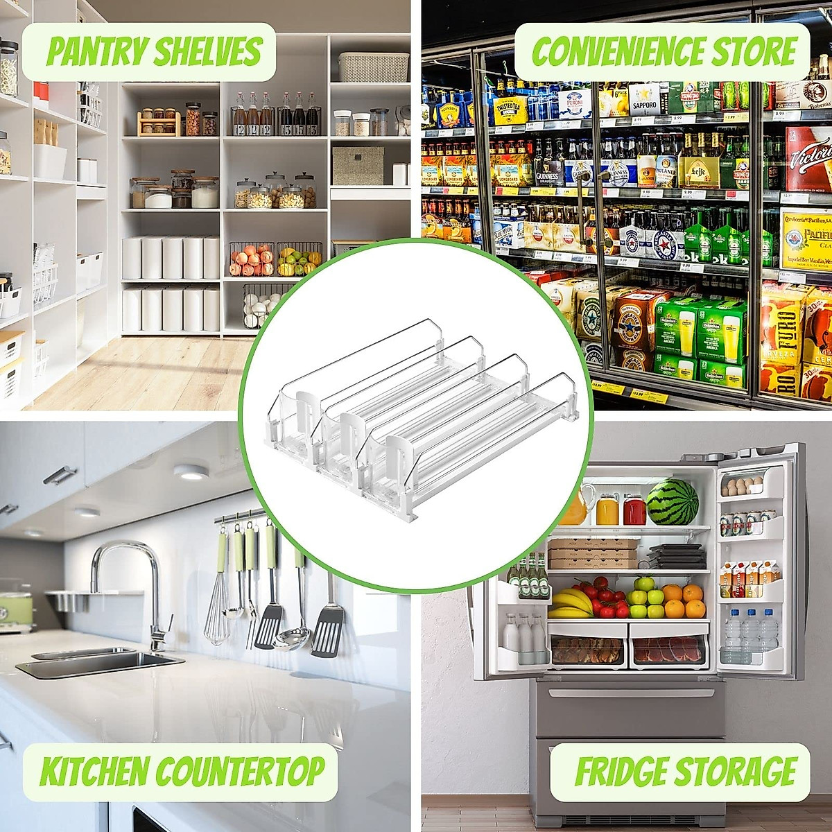 Assembly-Free Soda Can Organizer for Refrigerator - Self-Pushing Drink Dispenser for Fridge,Freezer,Cabinets & Pantry - Holds up to 12 Cans (12-20oz) - Beverage & Small Canned Food Organizer