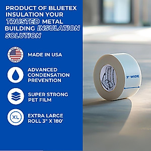 BlueTex Insulationㅤ 3" Wide x 180' Long White Vapor Barrier Seam Tape - 1 Roll, Waterproofing & Great for Crawlspaces, Insulation Repairs, Underlayment Seams, Metal Building Insulation Seams