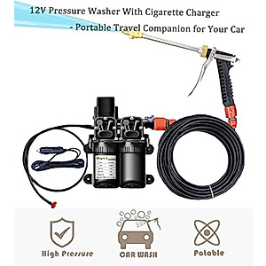 12V Pressure Washer, 130 PSI Portable Pressure Washer with 30Ft Hose, Portable Power Washer for Cars, Home, Garden, Vehicles (Double Pump)