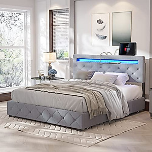 HOMFAMILIA Queen LED Bed Frame with 4 Storage Drawers and 2 USB Ports, Modern Adjustable Upholstered Button Tufted Headboard, Solid Wooden Slat Support, No Box Spring Needed(Light Grey)