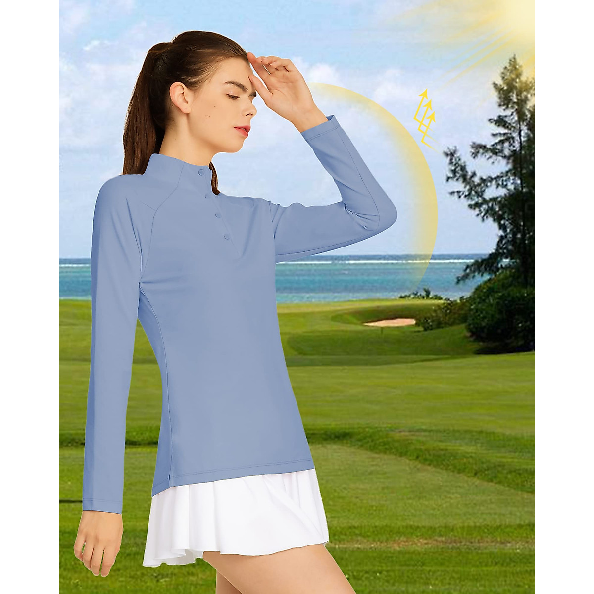 CQC Women's Long Sleeve Golf Polo Shirts Moisture Wicking Quick Dry Athletic Shirts with Buttons UPF 50+ Tennis Sports Tops Baby Blue XXL