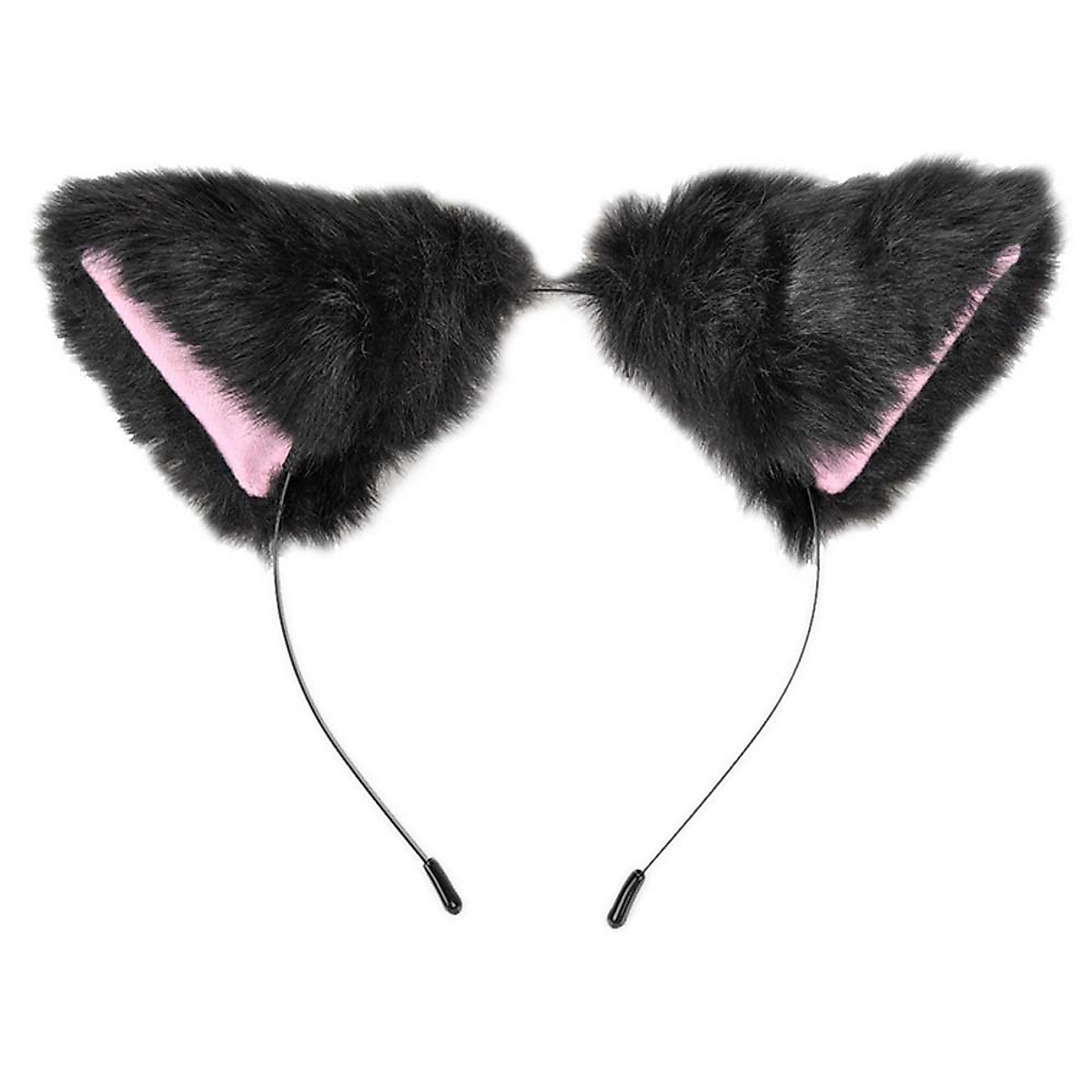 lasenersm Cat Fox Long Fur Ears Headband - Size: approx. 10x10cm, Color: Black fluff with Pink Inside, Material: Faux Fur, Costume Headband for Anime Cosplay Party Costume, Halloween, Carnival