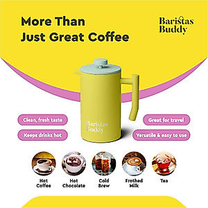 BaristasBuddy Yellow French Press Coffee Maker - Colorful, Retro And Stylish Insulated Coffee Brewer - Large Size Brews 4 Cups