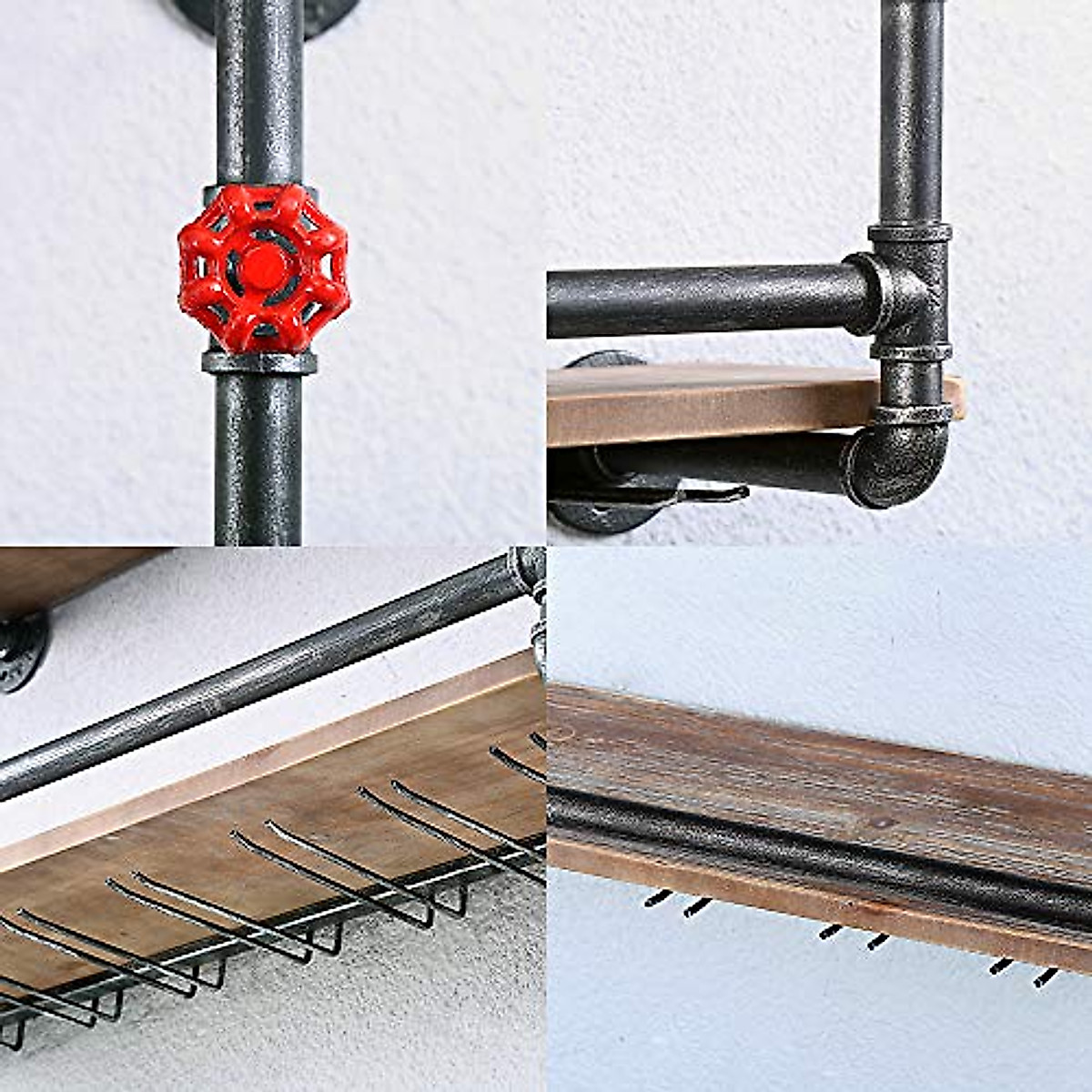 TANGGU Industrial Wine Racks Wall Mounted with 7 Stem Glass Holder,2-Tiers Rustic Metal Hanging Wine Holder,36in Wall Mount Bottle Holder,Pipe Shelves Kitchen/Living Room/Home Wood Wine Shelf