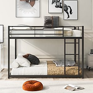 iRoll Full Over Full Bunk Bed, Metal Bunk Bed with Built-in Ladder and Full-Length Guardrail, Low Floor Bunk Beds for Boys Girls & Adults, Noise Free, No Boxing Spring Needed, Space Saving, Black