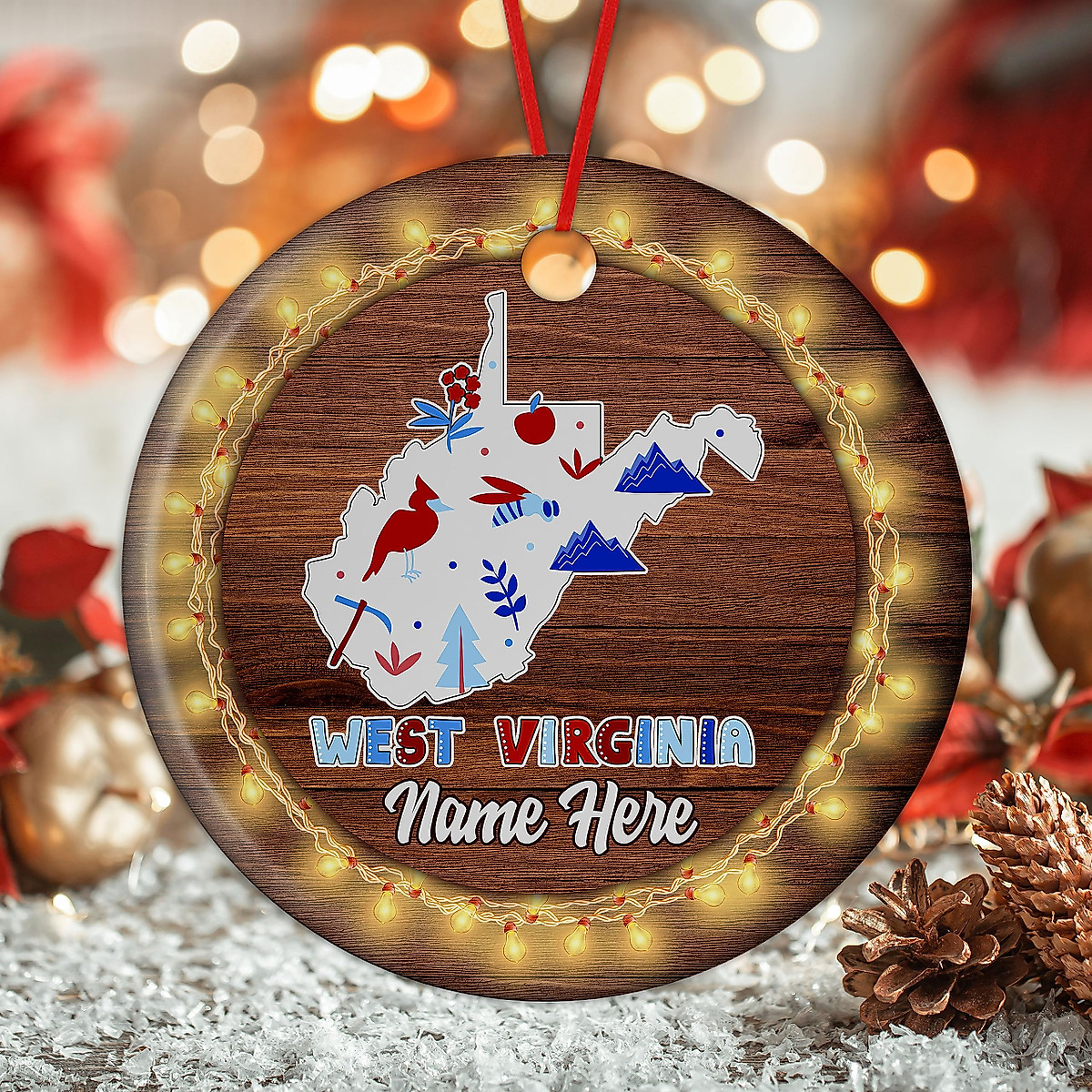 Prezzy Personalized West Virginia Christmas Ornaments Travel Souvenir Gift for Men Women Family Hanging Xmas Tree Decorations for Home Decor West Virginia Gifts Circle Ceramic Ornament 3'' Keepsake