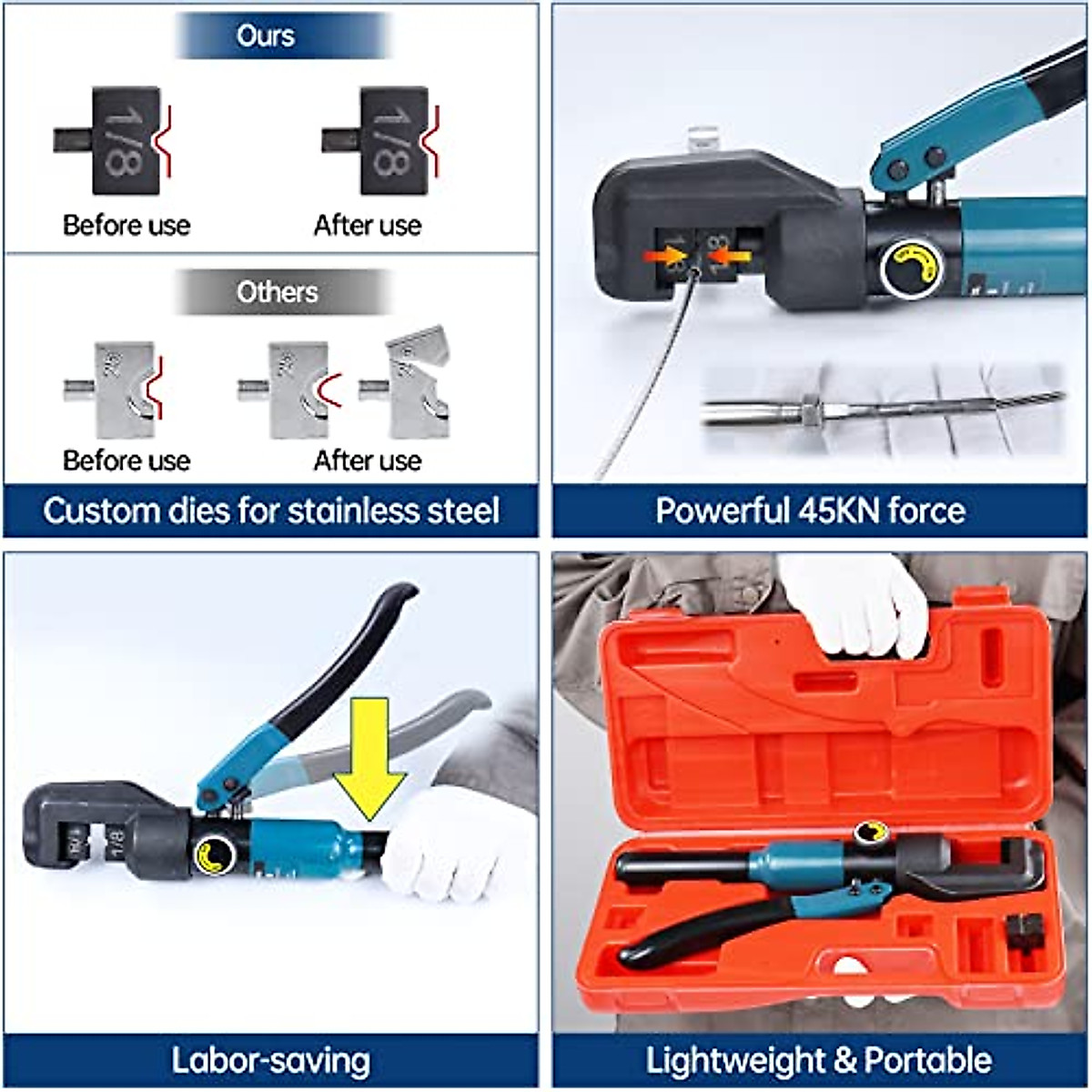 Muzata 45KN Upgraded Custom Hydraulic Hand Crimper Tool for 1/8" Stainless Steel Cable Railing Kit Hardware Wire Rope Swaging Kit with 2Pair 1/8" Dies CR09, CT1