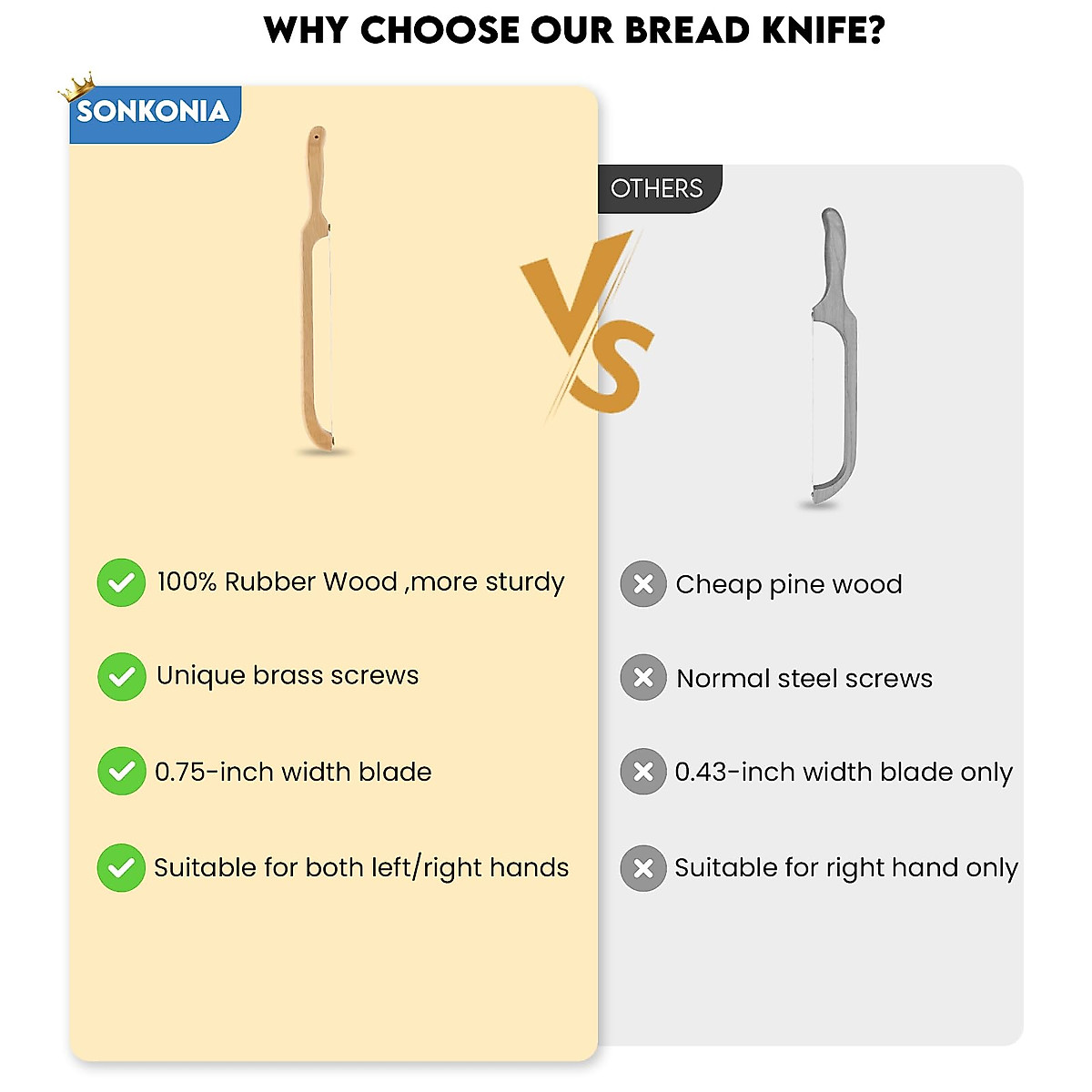 SONKONIA 15.7'' Rubberwood Bread Knife for Homemade Bread, Bread Bow Knife Slicer, Double-Sided Serration for Left & Right-Handed Use, Perfect Sourdough Cutter and Kitchen