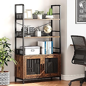 IDEALHOUSE Bookshelf with Doors Industrial Bookcase with 3 Tiers Open Storage Shelves Rustic Bookshelves Tall Display Rack Cabinet Farmhouse Bookshelf for Bedroom, Living Room, Home Office, Brown