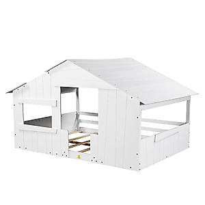 Montessori Floor Bed with Roof and Windows, Full House Floor Bed with Guardrail and Door, Full Size House Bed for Kids, Girls, Boys, White Montessori Bed Full Size