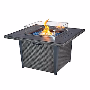 Kinger Home Ethan Rattan 42-Inch Outdoor Patio Propane Gas Fire Pit Table, CSA Certified 50,000 BTU Firepit, Grey Aluminum Frame