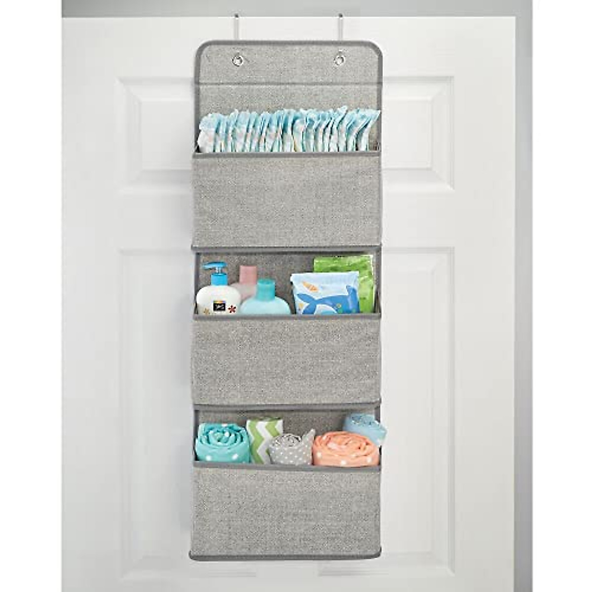 mDesign Fabric Baby Nursery Hanging Organizers for Over the Door Storage for Kids - 3 Pocket Organizer Caddy with Hooks for Clothing, School, Diaper, Toy, Outfits - Lido Collection - Textured - Gray