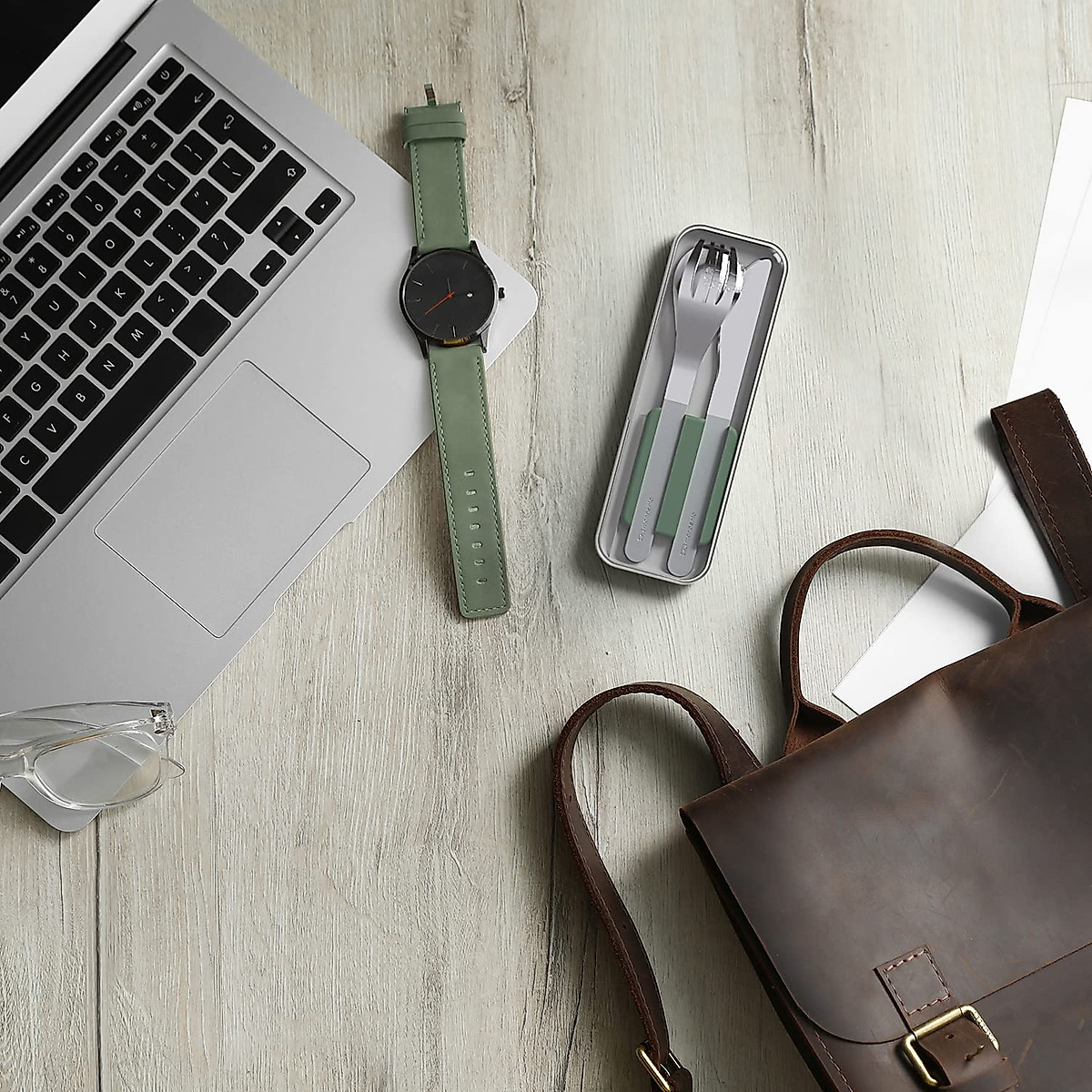 MONBENTO - Cutlery Set MB Slim Box Onyx for Lunch Box - 3 Pieces Fork Knife Spoon - Flatware Set Work Lunch Packing - Suitable for MB Original & MB Square Bento Boxes - Stainless Steel - Black