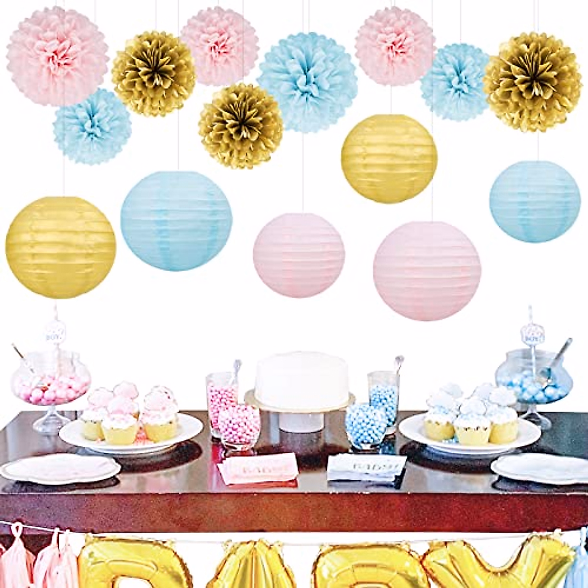 Gender Reveal Decorations Blue Pink - 15pcs Tissue Paper Flowers Pom Poms Lanterns Baby Gender Reveal Party Supplies Gender Reveal Theme Decor Gold Birthday Hanging Decor Ideas