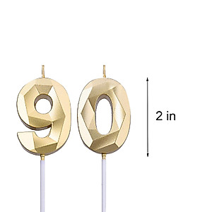 2 inch Gold 90 Birthday Candles, 3D Diamond Number 90 Cake Topper for Men Women Birthday Party Decorations Theme Party