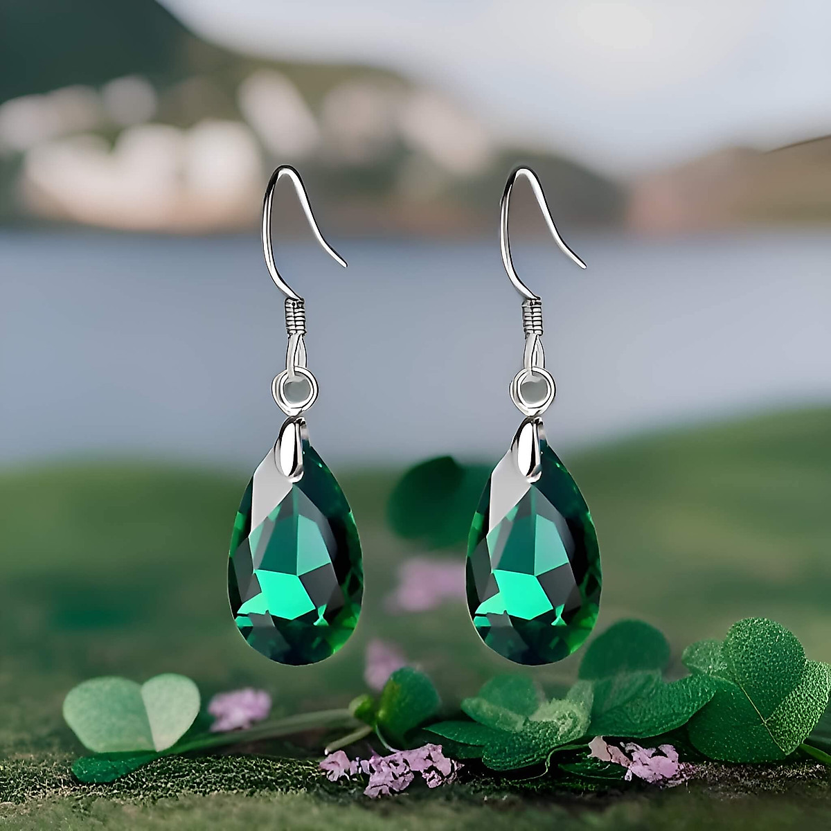 Teardrop Austrian Crystal Drop Dangle Earrings for Women 925 Sterling Silver Hypoallergenic Hook Earring (Emerald)