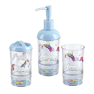 Unicorn Rainbow 3pc Set Lotion Pump/Toothbrush Holder/Tumbler Bath Accessory Set Blue Novelty Plastic