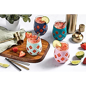 Ello Cru 17oz Stemless Wine Glass Set with Protective Silicone Sleeves, 4 Pack Cocktail Glass Perfect for Summer Patios and Parties Holiday Gifting Her Him Mother's Day, Dishwasher Safe, Rose