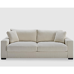 Container Furniture Direct Luxe Corduroy Sofa with 2 Toss Pillows, Spacious and Comfortable 3 Seater Couch for Modern Living Room, Ideal for Entertainment and Cozy Moments, 89" Wide, Beige